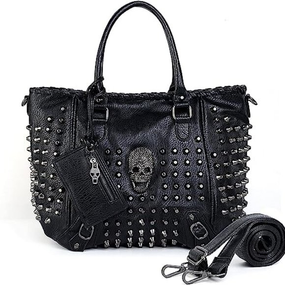 Bags | Women Skull Tote Bag Rivet Studded Handbag Pu Leather Purse ...